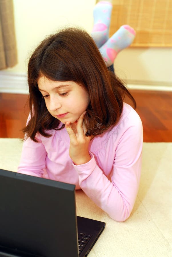 Girl with computer stock image. Image of lying, isolated - 8121217