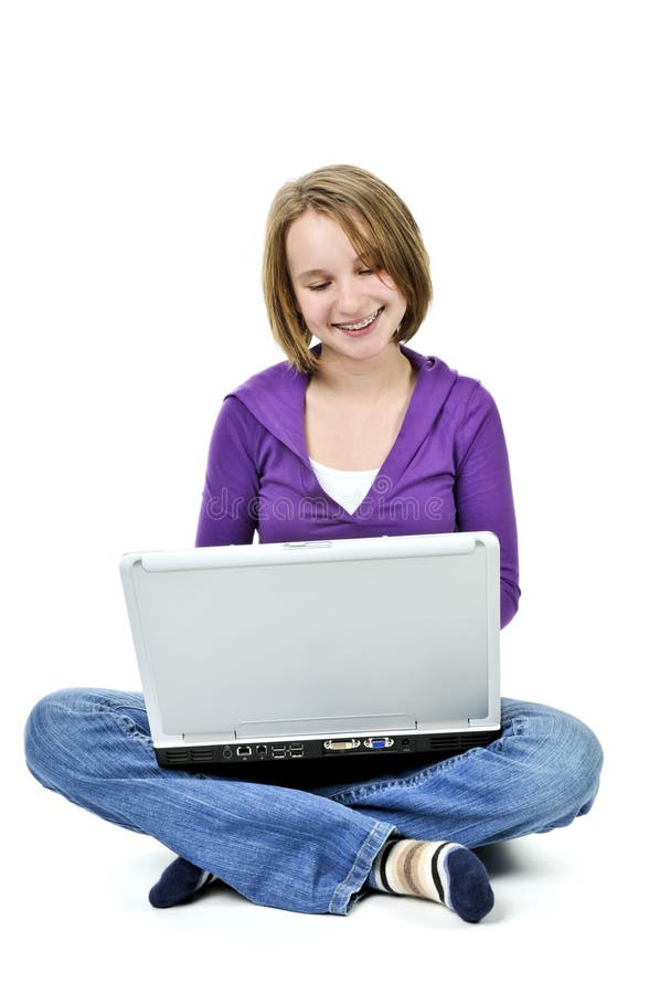 Girl with computer stock image. Image of lying, isolated - 8121217
