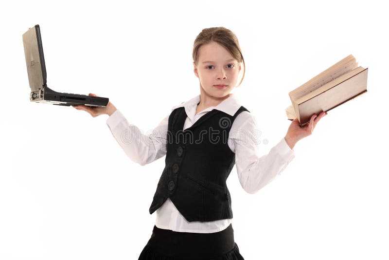 Girl with Computer and Book on White Background Stock Photo - Image of ...