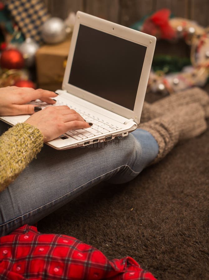 Girl with Computer Christmas Decor Stock Image - Image of people ...