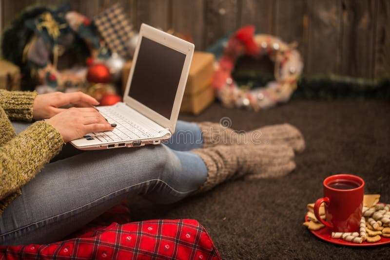 Girl with Computer Christmas Decor Stock Photo - Image of beverage ...