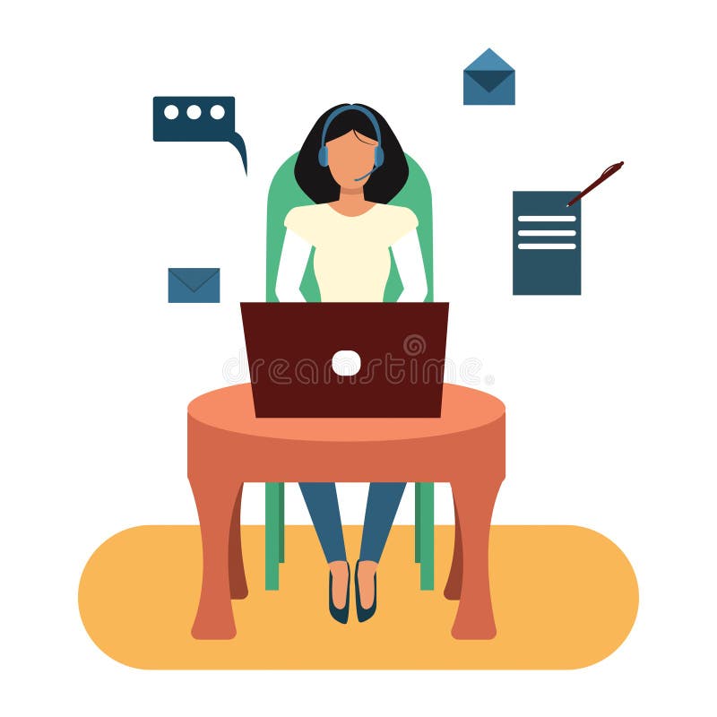 Girl at the Computer in Headphones with a Microphone Serves Customers ...