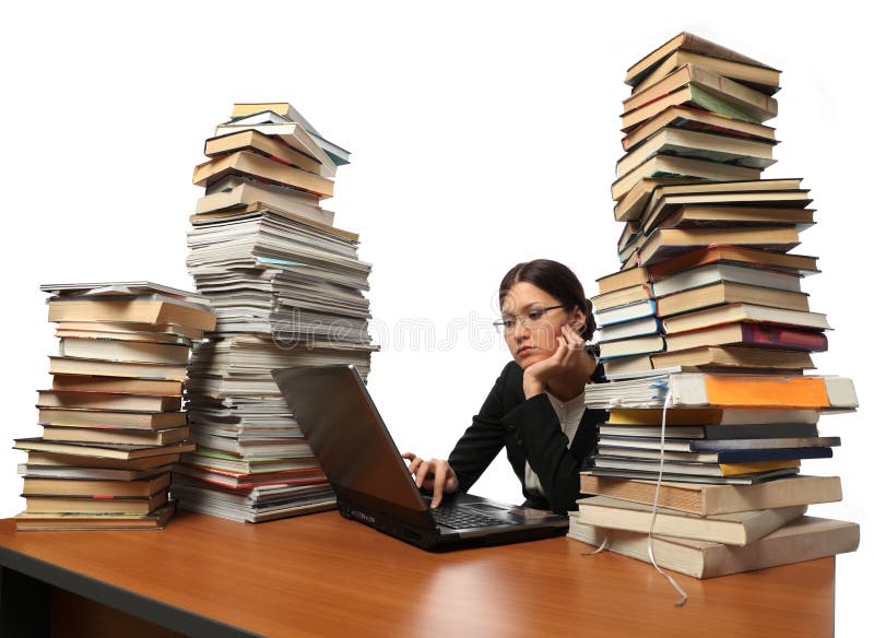 Girl, Computer, and a Lot of Books Stock Image - Image of education ...