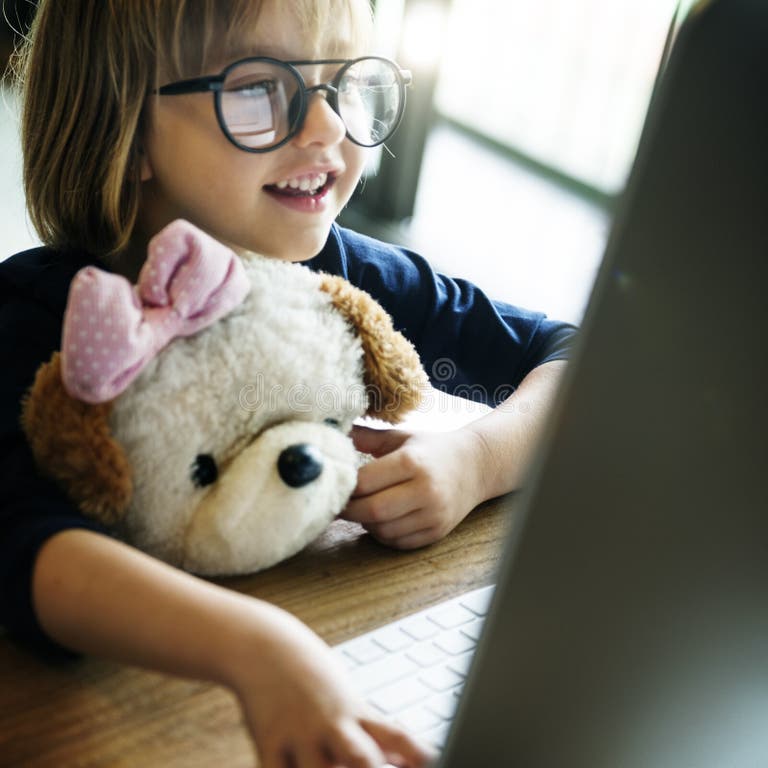 Girl Computer Technology Networking Connection Online Concept Stock ...