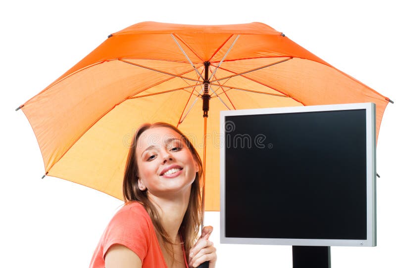 Girl an Computer Under Umbrella Stock Photo - Image of blue, happy ...