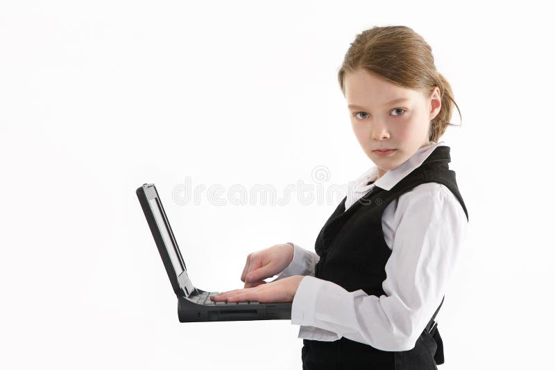 Girl with Computer on White Background Stock Photo - Image of homework ...