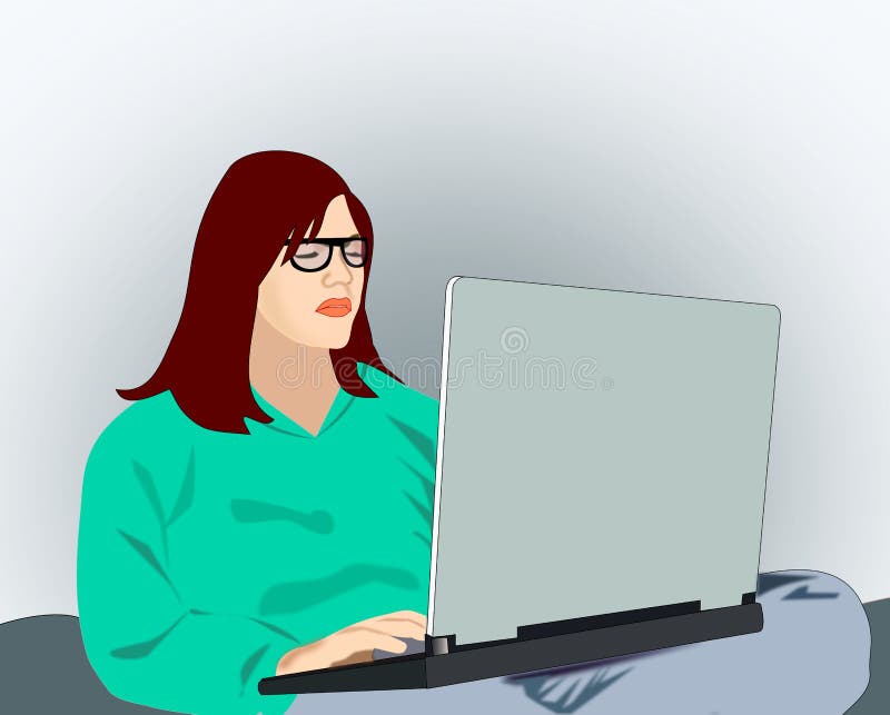 Girl with Computer stock illustration. Illustration of concentrated ...