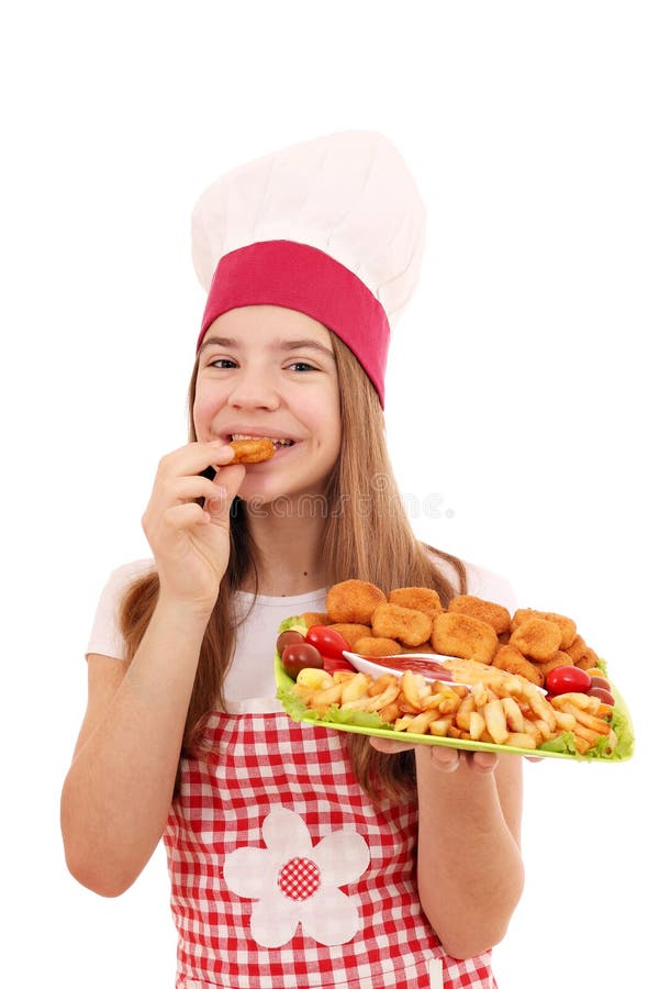 Girl Cook Eats Chicken Nuggets Stock Photo - Image of chicken, ketchup ...