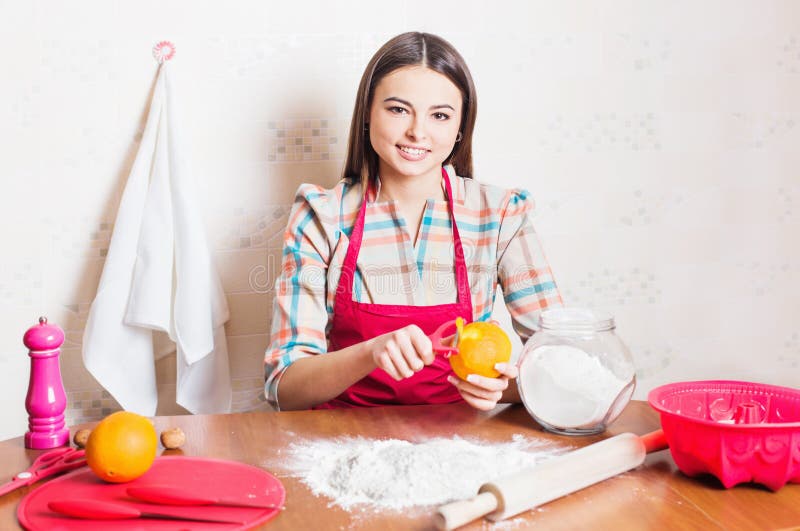 Girl Cooking Cake in Kitchen Stock Photo - Image of brunette, beautiful ...