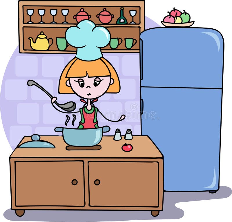 A Girl Cooking Dinner on the Kitchen Vector Cartoon Illustration Stock ...