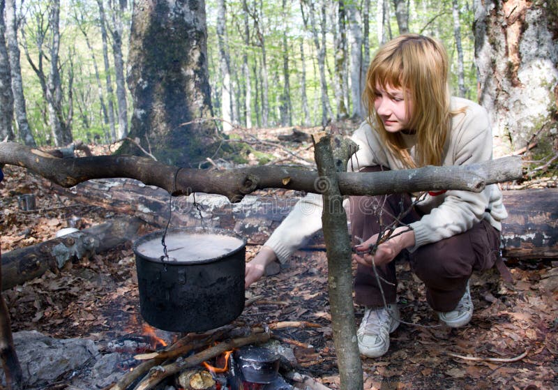 Girl Cooking Food on Fire in Camp Stock Image - Image of lifestyle ...