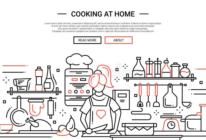 Girl Cooking at Home - Line Design Website Banner Stock Vector ...
