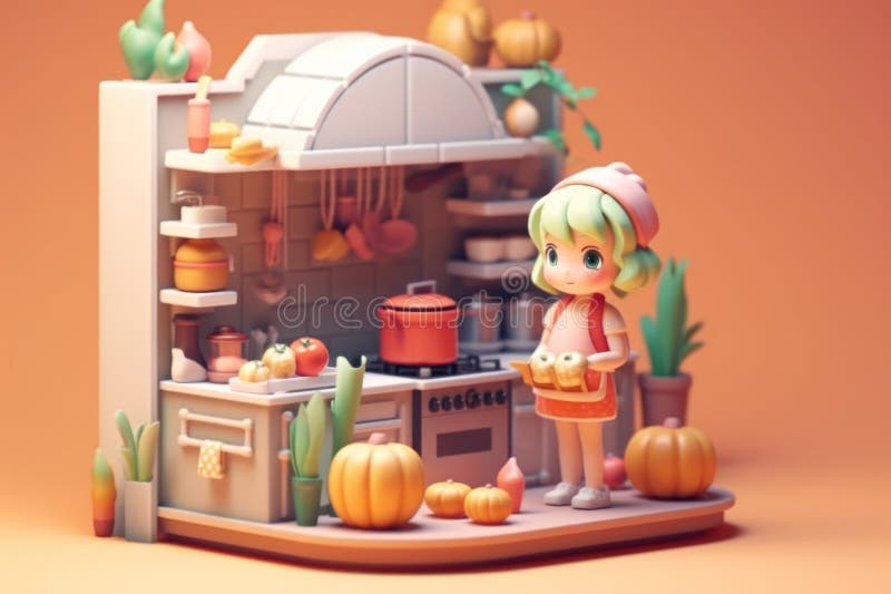 A Girl Cooking in Kitchen Room Tiny Cute Isometric 3D Render Generative ...