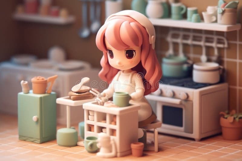 A Girl Cooking in Kitchen Room Tiny Cute Isometric 3D Render Generative ...
