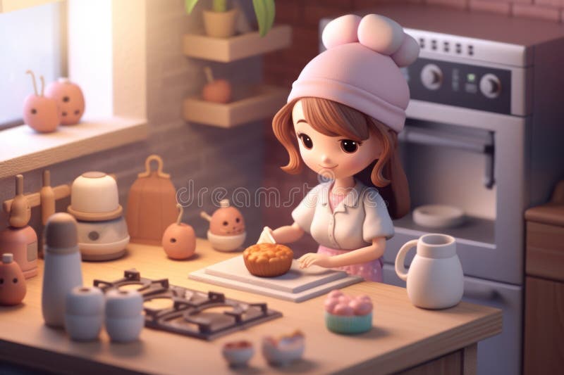 A Girl Cooking in Kitchen Room Tiny Cute Isometric 3D Render Generative ...