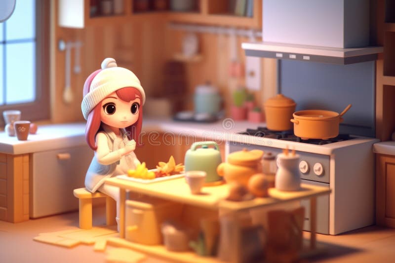 A Girl Cooking in Kitchen Room Tiny Cute Isometric 3D Render Generative ...