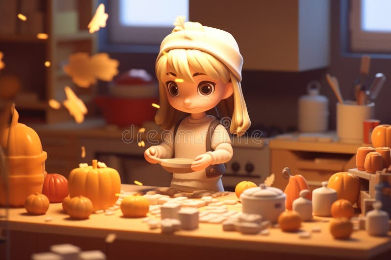 A Girl Cooking in Kitchen Room Tiny Cute Isometric 3D Render Generative ...