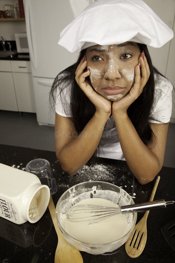 Girl with cooking mess. stock photo. Image of bake, bowls - 15146576