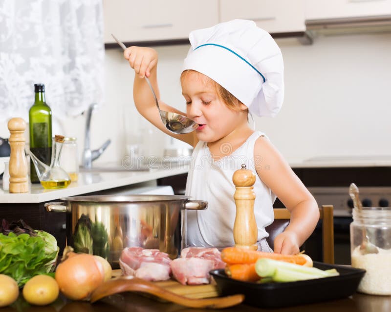Girl Cooking Soup with Ladle Stock Image - Image of dinner, table: 47328087