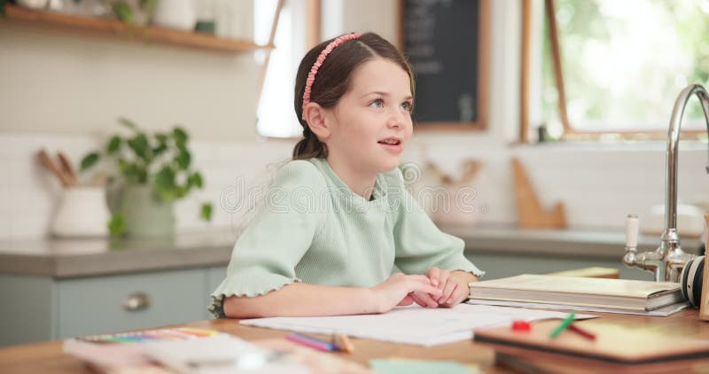 Girl, Counting and Hands for Homework with Notebook in Kitchen with ...