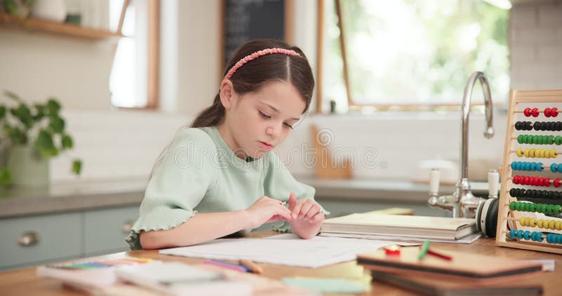 Girl, Counting and Homework with Writing on Table for Maths with ...