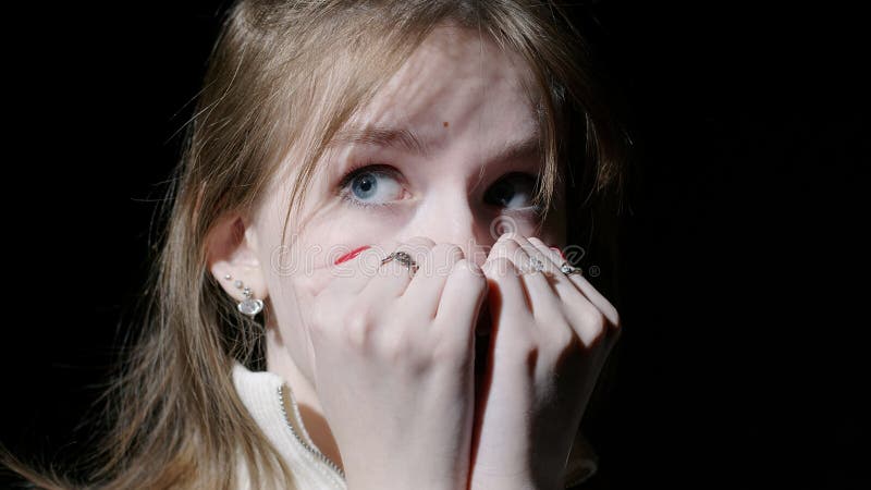 The Girl Covers Her Face with Her Hands in Fear Stock Image - Image of ...