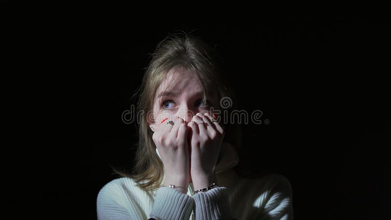 The Girl Covers Her Face with Her Hands in Fear Stock Photo - Image of ...