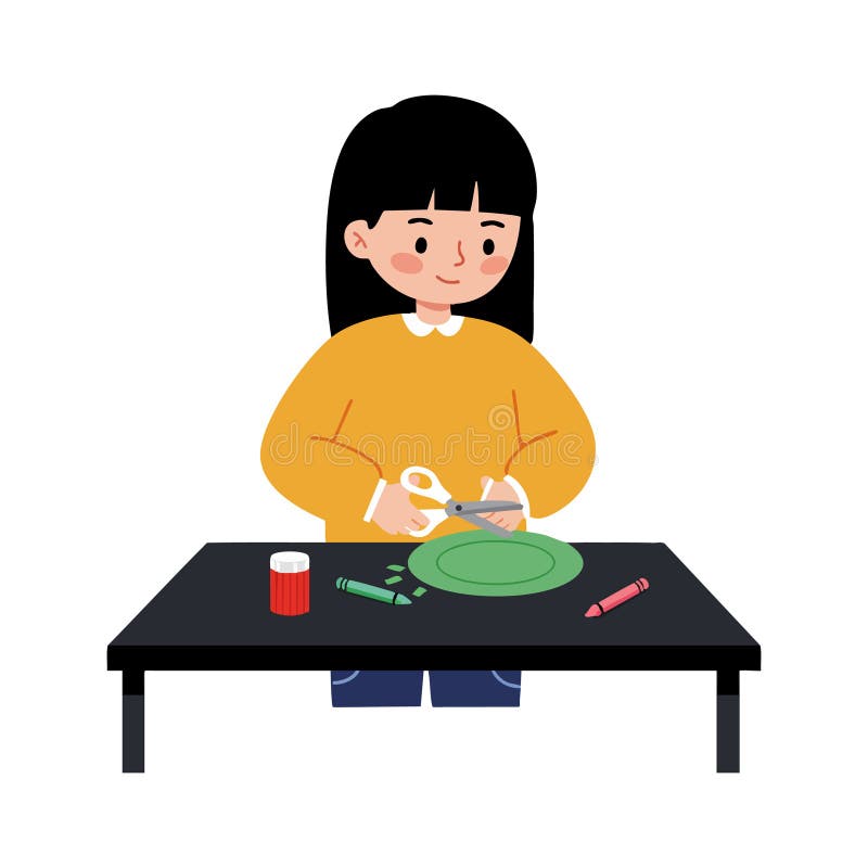 Girl Crafting with Scissors and Crayons at Table Vector Illustration ...