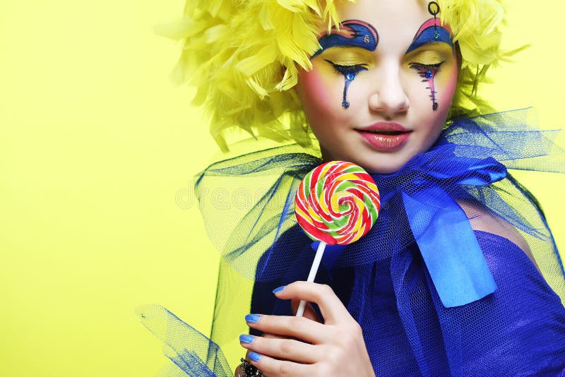 Girl with with Creative Make-up Holds Lollipop Stock Photo - Image of ...