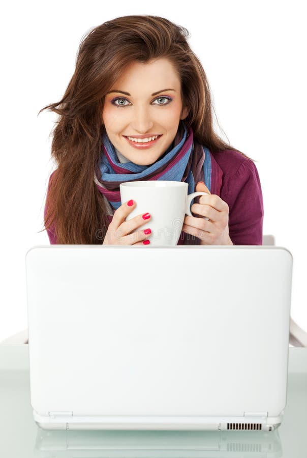 Girl cup smiling laptop stock image. Image of internet - 14995127