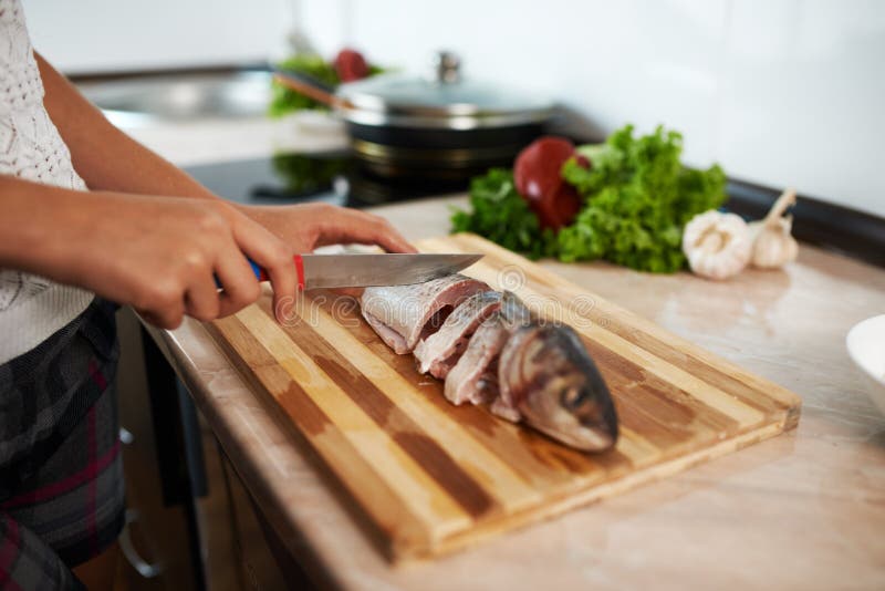 Girl Cut Slice of Fish To Cook Dinner Stock Photo - Image of fresh ...