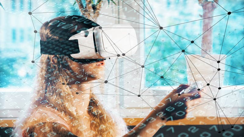 Girl in 3d Virtual Reality World, Algorithm Test Connect the Dots Stock ...