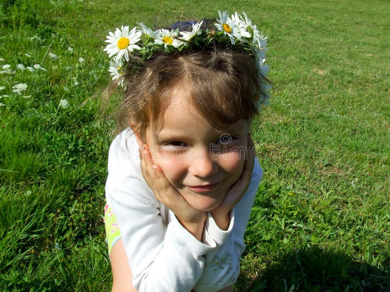 Girl with Daisy Chain on Head Stock Image - Image of field, outside ...