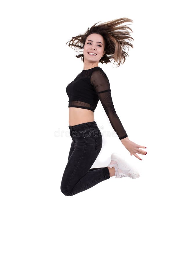 Girl Dancer Jumping Up on White Isolated Stock Image - Image of female ...