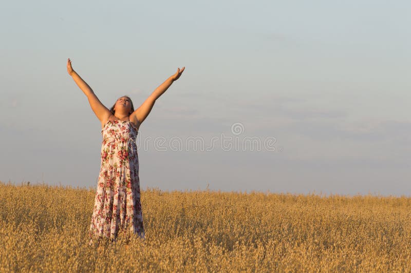 The Girl is Dancing in Oat Field. Stock Photo - Image of walking ...