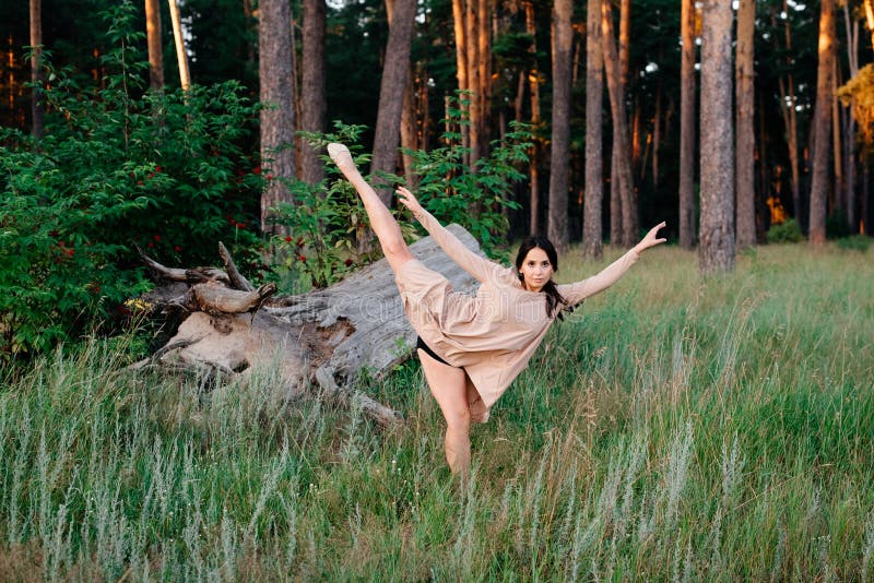 Girl Dancing in the Summer in a Pine Forest Stock Image - Image of ...