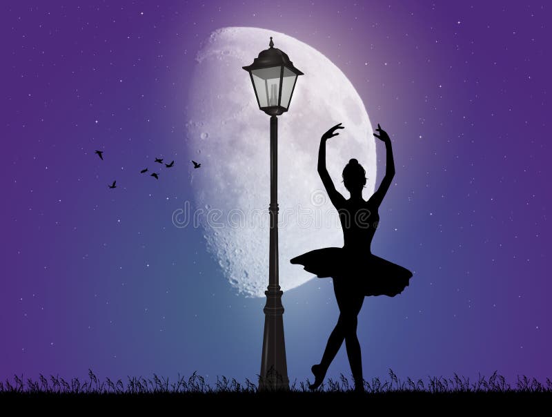 Girl Dancing with Tutu in the Moonlight Stock Illustration ...
