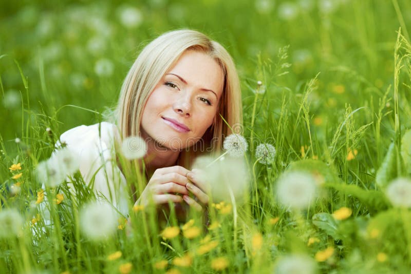 Girl with dandelion stock image. Image of cute, spring - 41894069