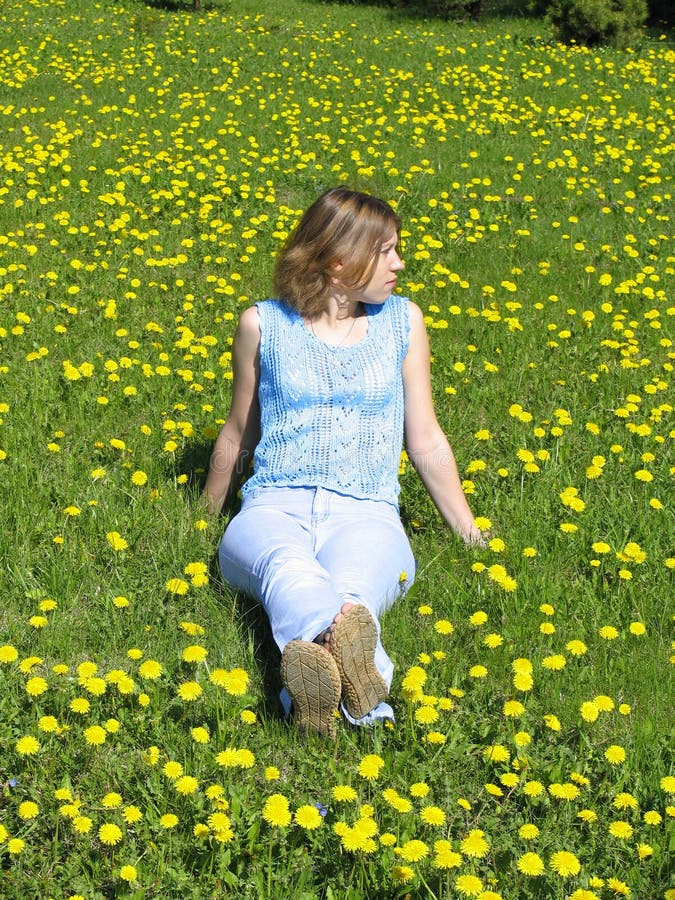 Girl on dandelion lawn stock image. Image of enjoy, female - 128449