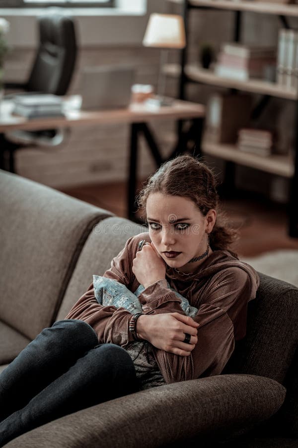 Girl with Dark Makeup Feeling Scared Having Problems at Home Stock ...