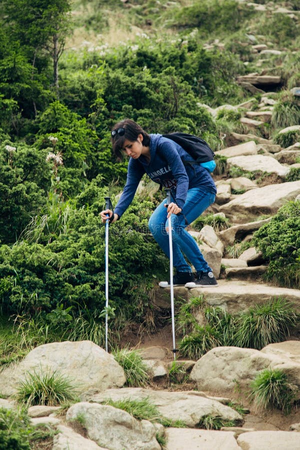 Girl Descend Down a Large Green Mountain Range Stock Photo - Image of ...