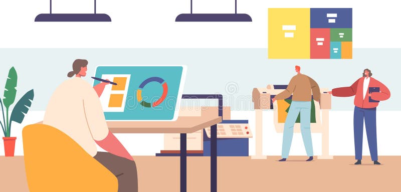 Girl Designer Choose Coloring Palette on Screen, Man Printing on ...