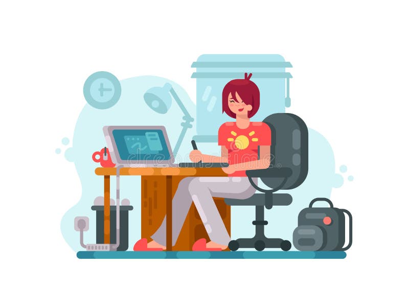 Girl designer at workplace stock vector. Illustration of object - 89552843