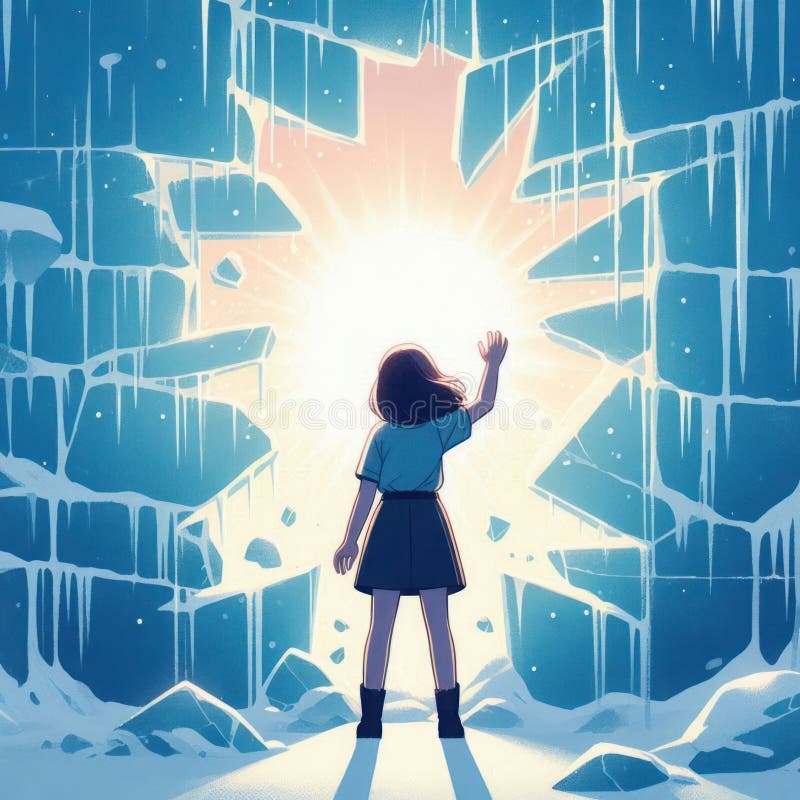 The Girl Destroys the Ice Wall, a Step Towards Freedom. Stock Image ...