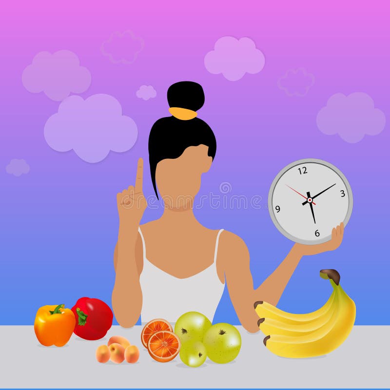 Girl Eating Right by the Clock Stock Vector - Illustration of female ...