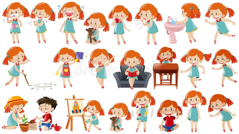 Girl in different actions stock vector. Illustration of drawingg - 91695074