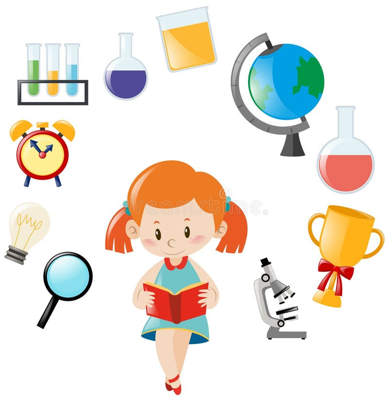 Girl and Different Objects of Science Stock Vector - Illustration of ...