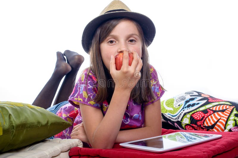 Girl with a Digital Tablet and an Apple Stock Image - Image of holding ...