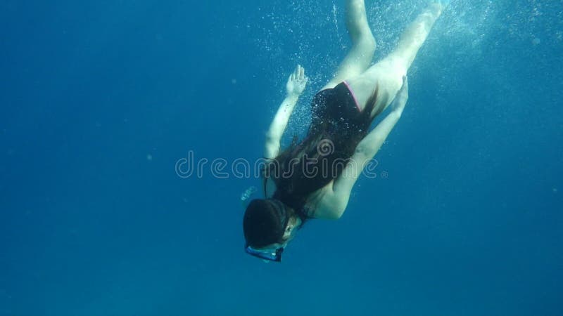 Girl Dive in the Sea with Underwater Mask Stock Video - Video of slow ...