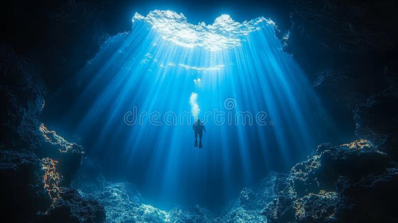 Girl Diving in a Cave with a Ray of Light Coming Above Her Stock ...